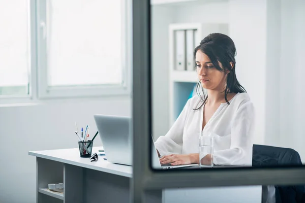 Business Woman Reading an Email Through Office Glass - Stock Image ...