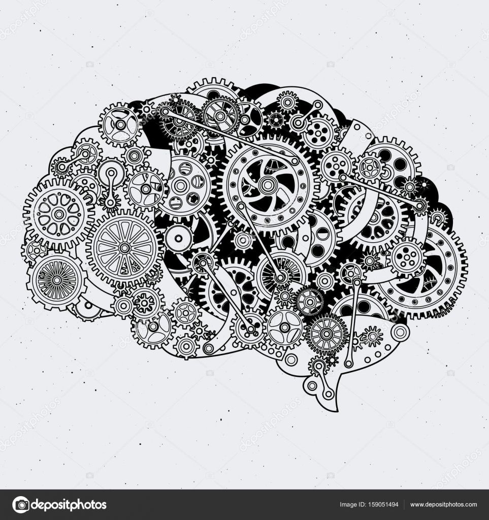 Clock mechanism in human brain. Different cogwheels of steel. Vector ...