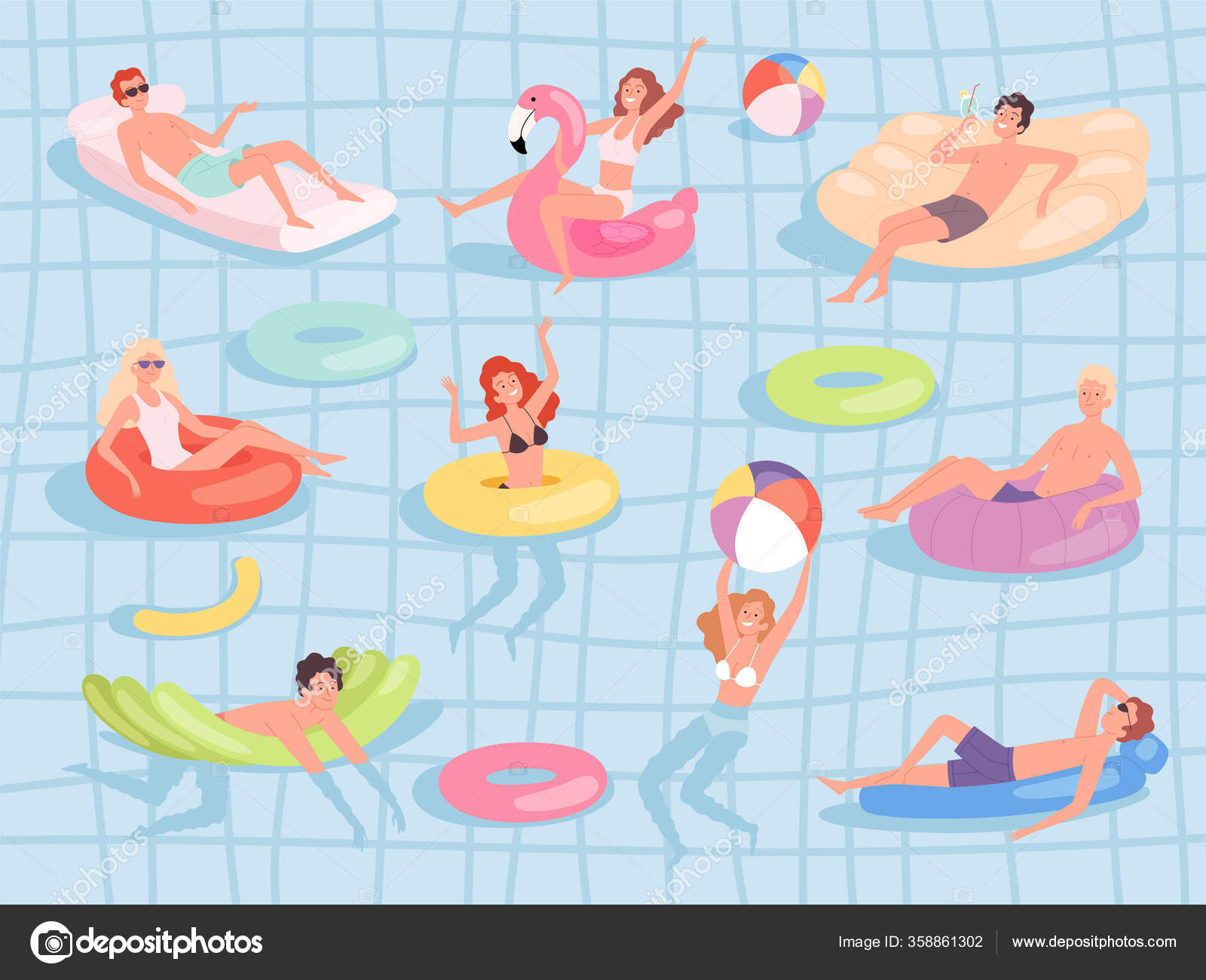 Pool relax people. Male and female characters family floating on rubber ...