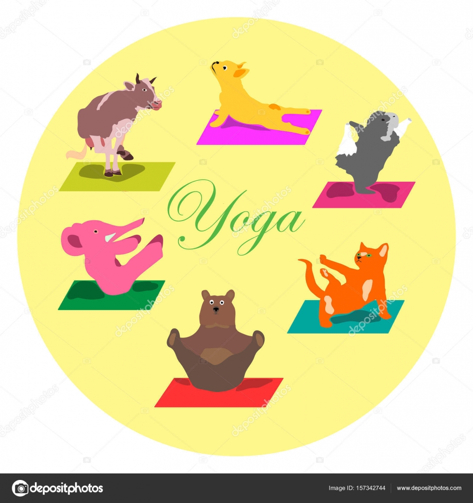 Vector hand-painted yoga postures with cartoon animals in different ...