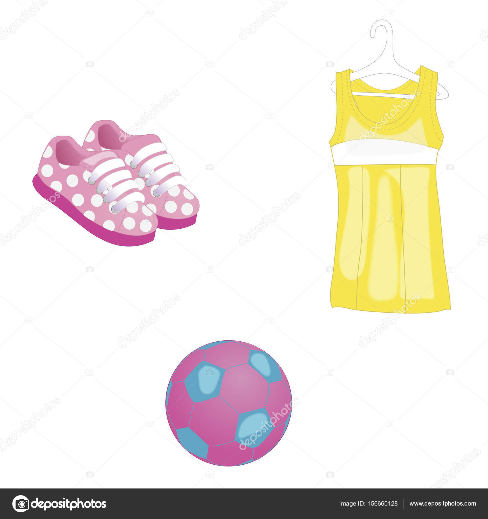 Summer beach, sea clothes, dress icons and a ball for baby girl. Vector ...