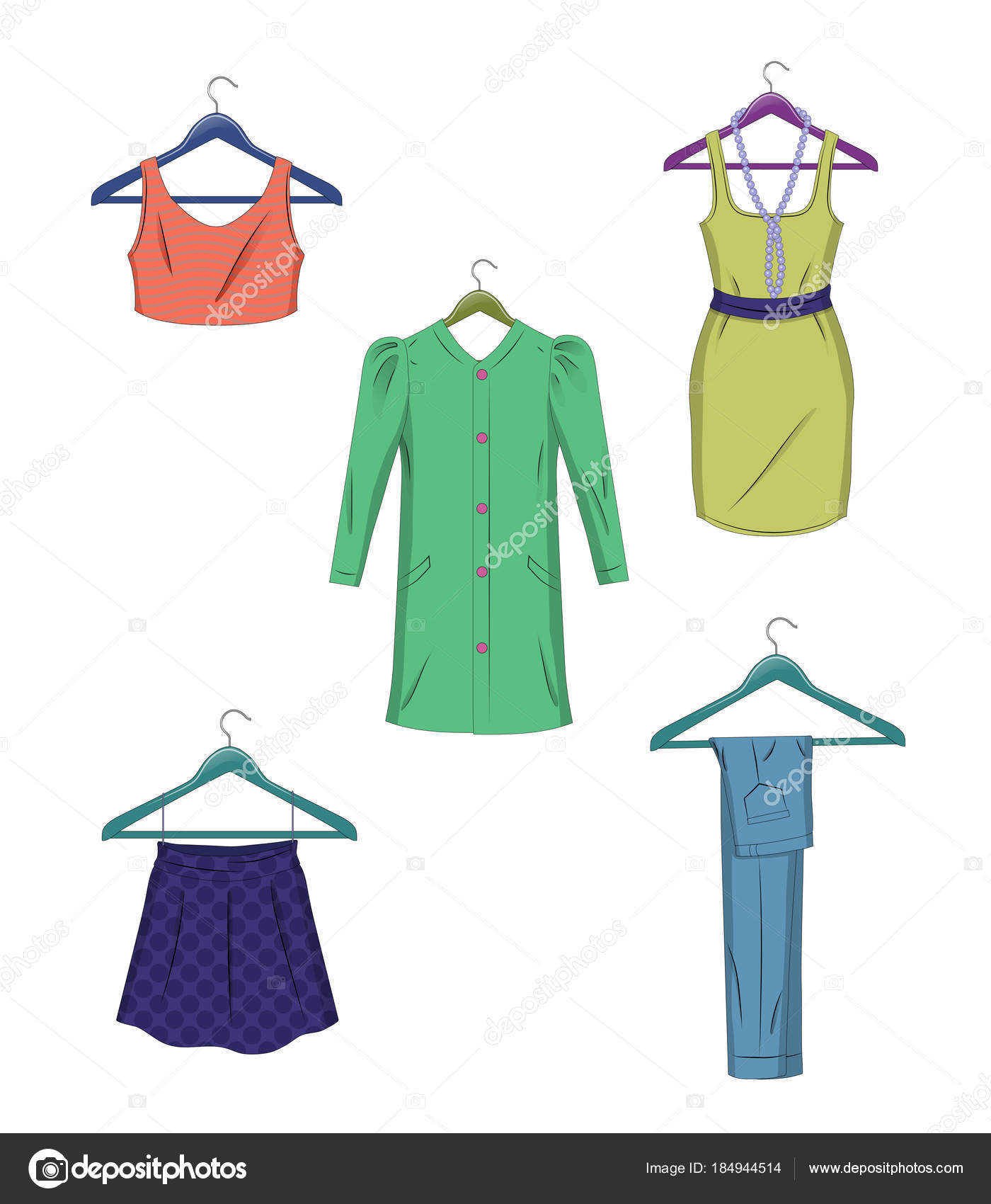 Clothes on hangers. Women clothes in flat style vector illustration ...