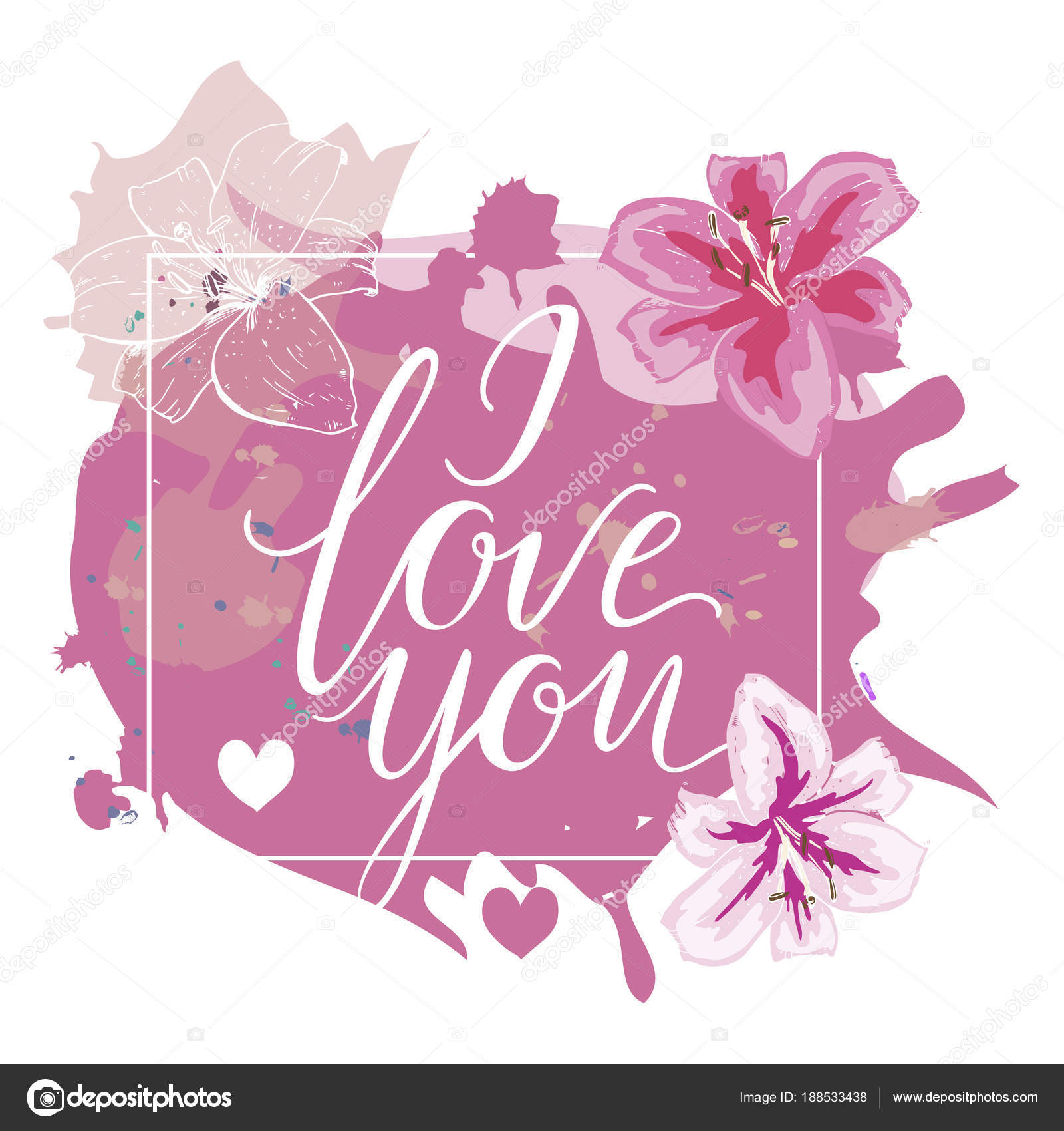 I Love You letras dibujadas a mano con salpicaduras de acuarela rosa y ...
