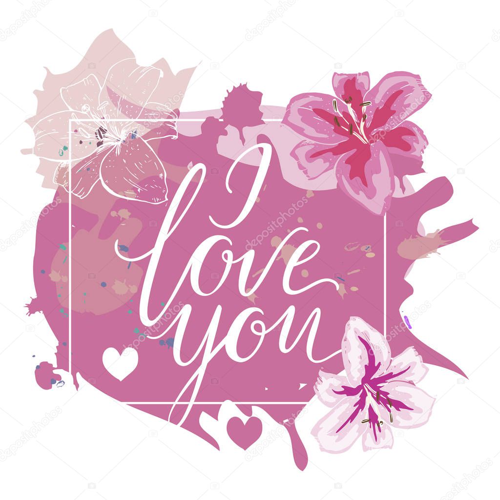 I Love You letras dibujadas a mano con salpicaduras de acuarela rosa y ...