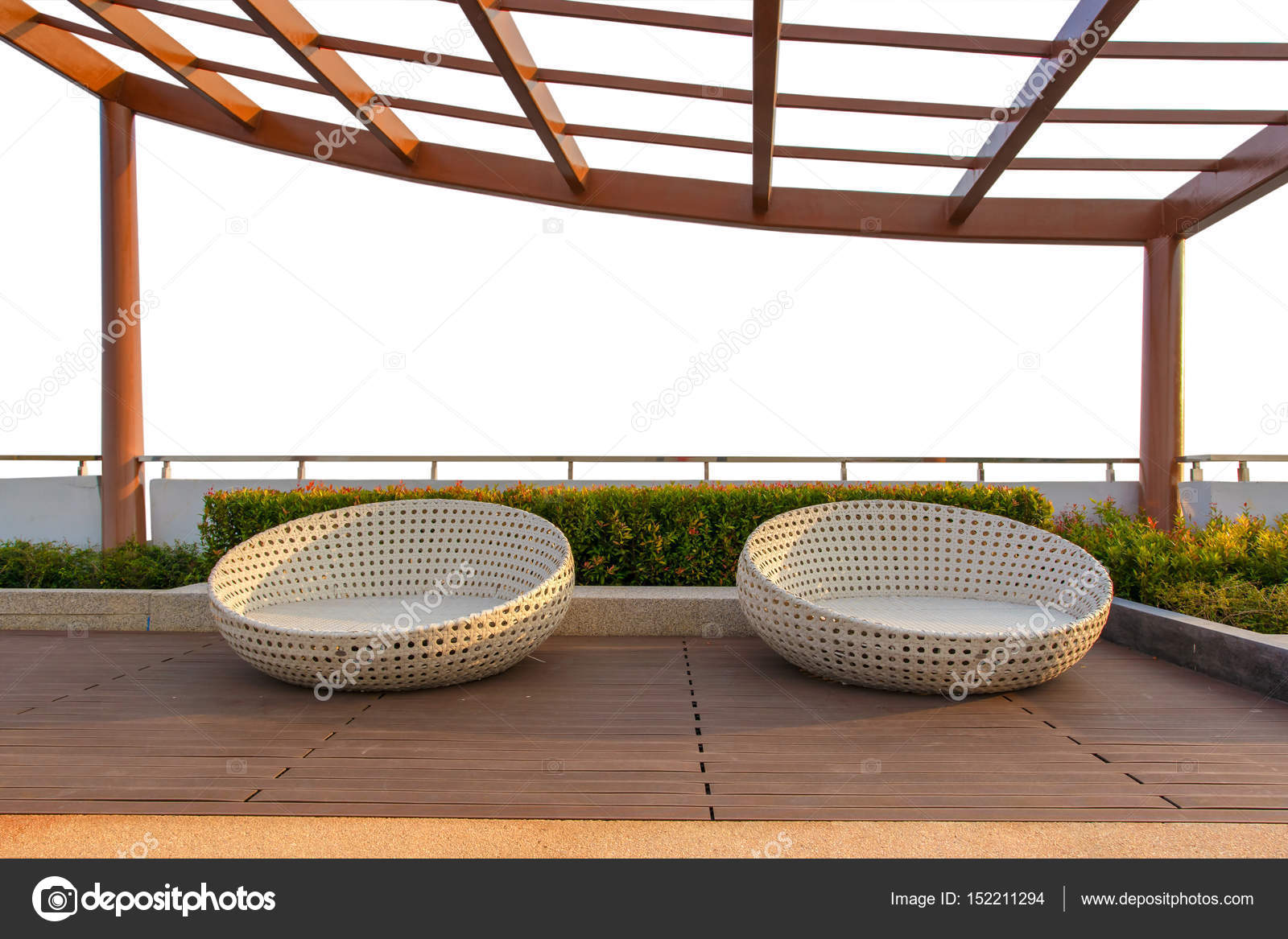Relax corner on condominium rooftop garden with chairs on white ...