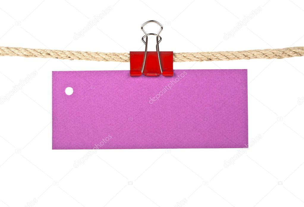 Violet label on a rope isolated on white background, closeup Stock ...