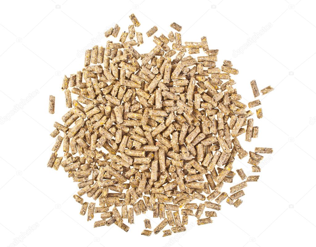 Pelleted compound feed Isolated on white background, wheatfeed p ...