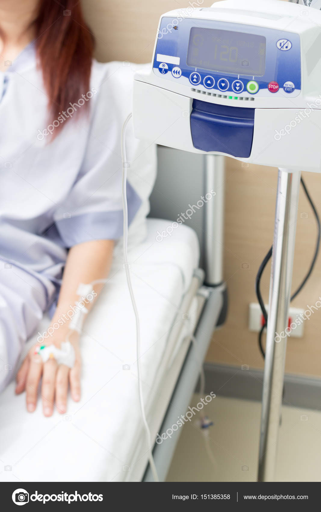 IV solution in a patient hand and IVS machine — Stock Photo ...