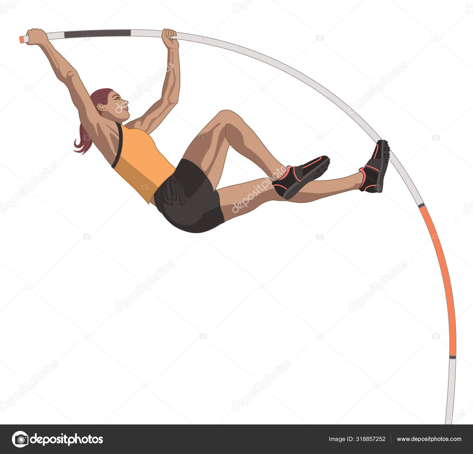 Female pole vaulter, vaulting in mid air isolated on white background ...