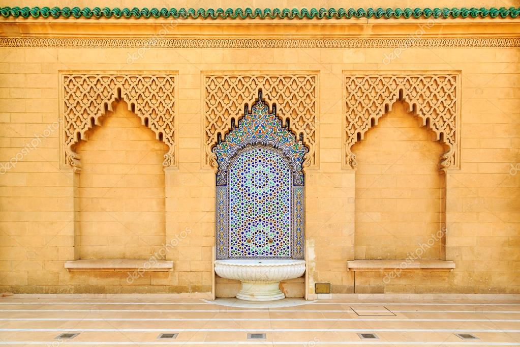 Moroccan style fountain with fine colorful mosaic tiles at the M ...