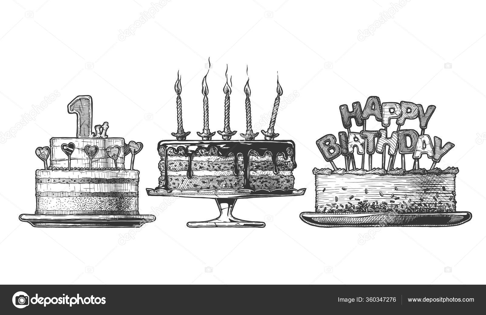 Vector Hand Drawn Set Birthday Cakes 1St Year Cake Cake Stock Vector by ...