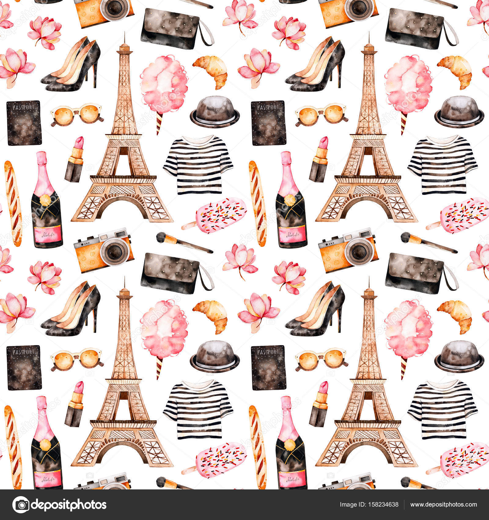 Watercolor seamless pattern.Paris style. Stock Illustration by ...