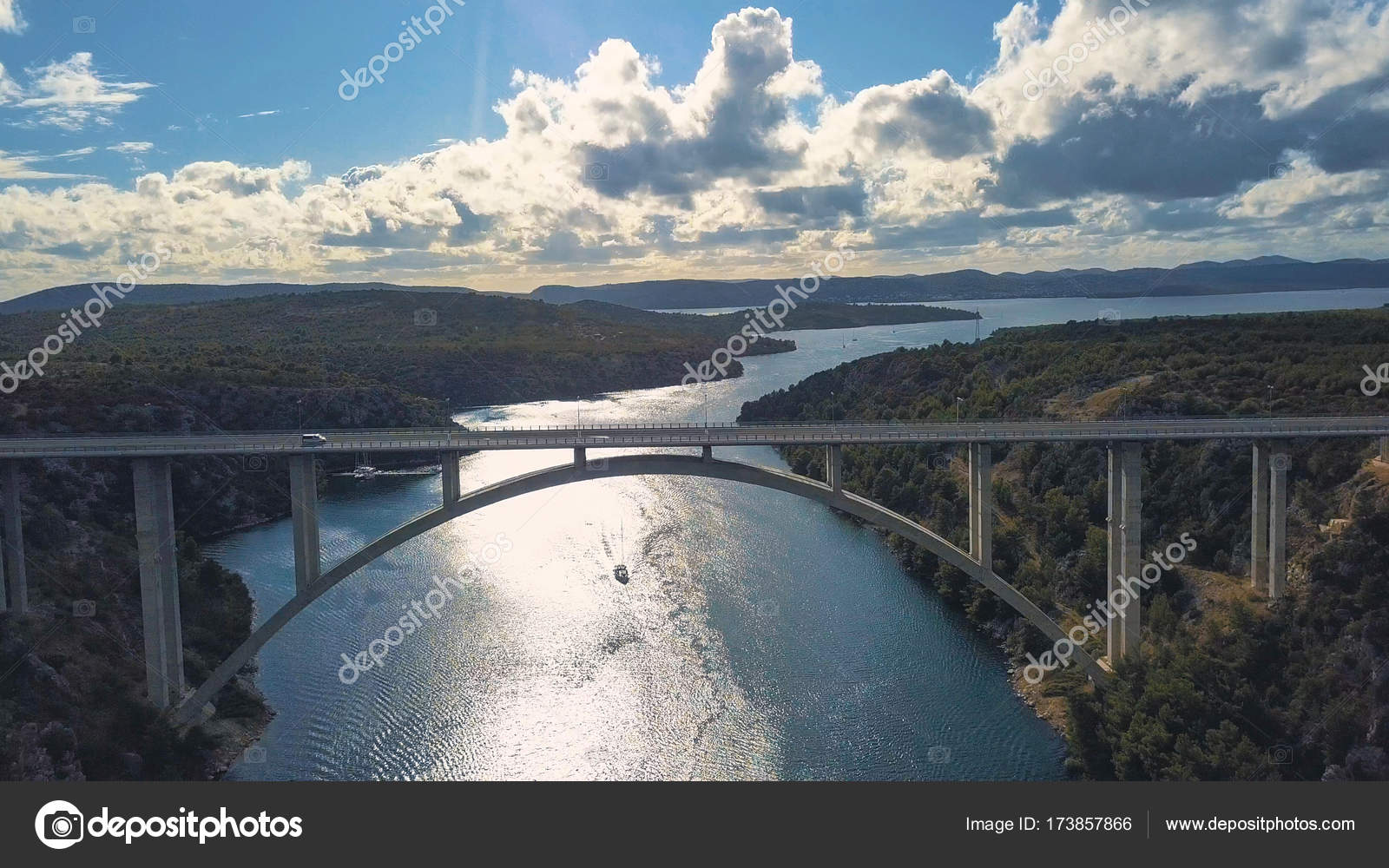 Aerial panorama view with bridge and sea around islands. Beautiful ...