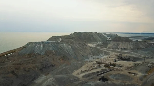 Aerial view of big grain elevators on the sea. Loading of grain on a ...