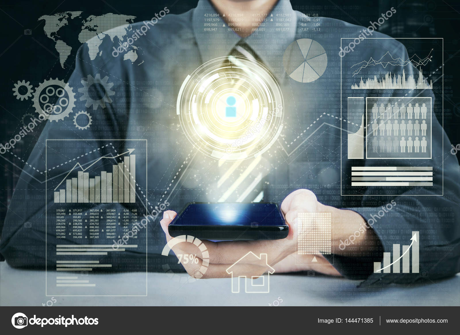 Businessman shows a virtual button on the smartphone Stock Photo by ...