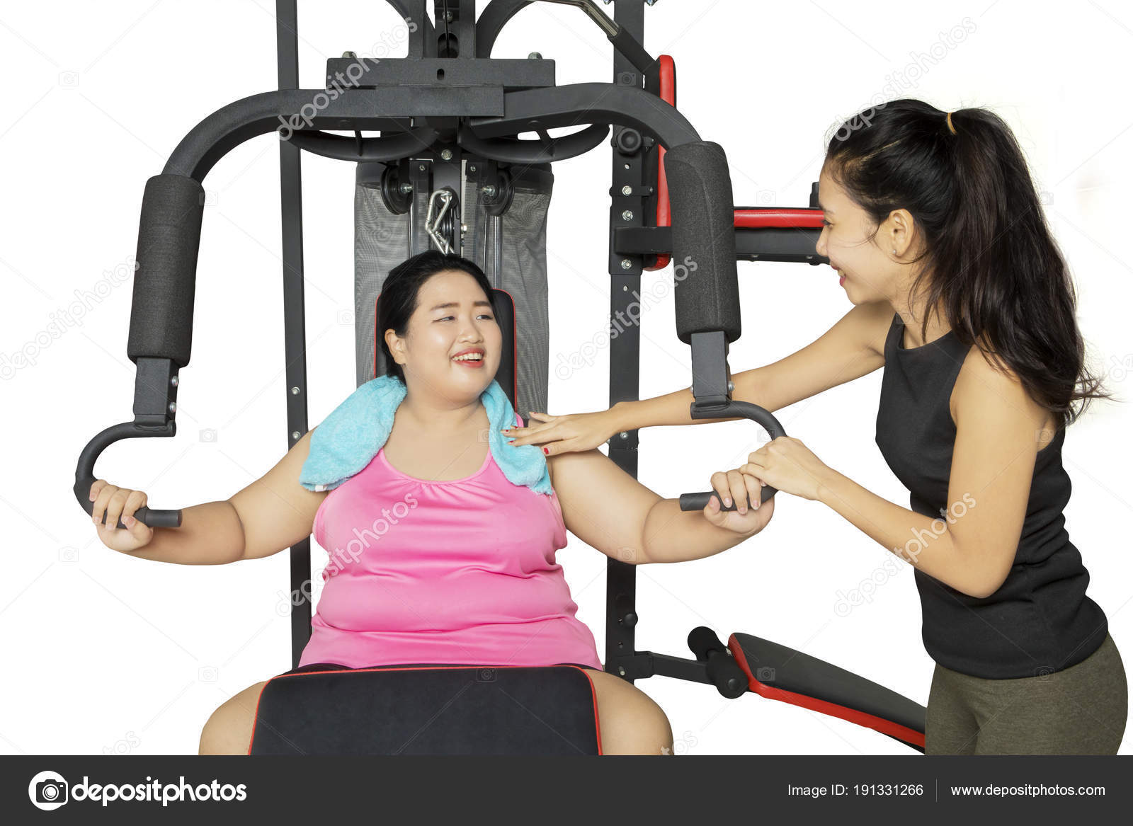 Overweight woman doing exercise with trainer — Stock Photo ...