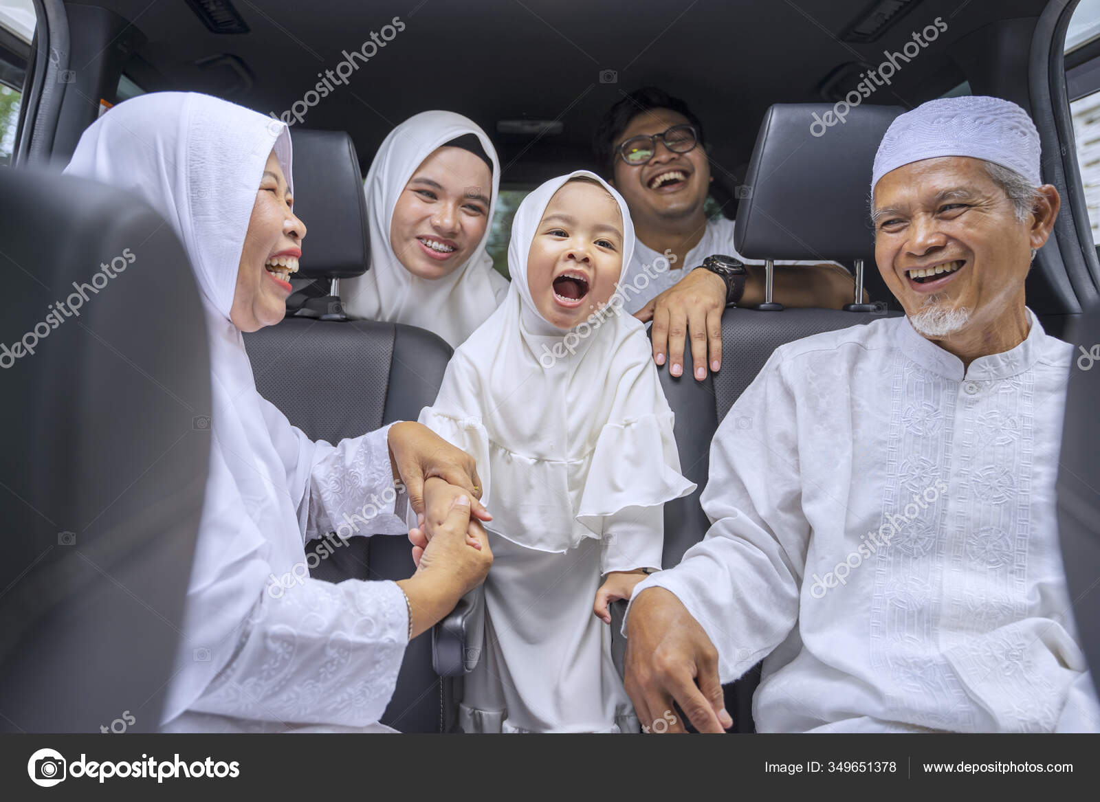 Three Generation Muslim Family Sitting Two Rows Passenger Seats Car ...