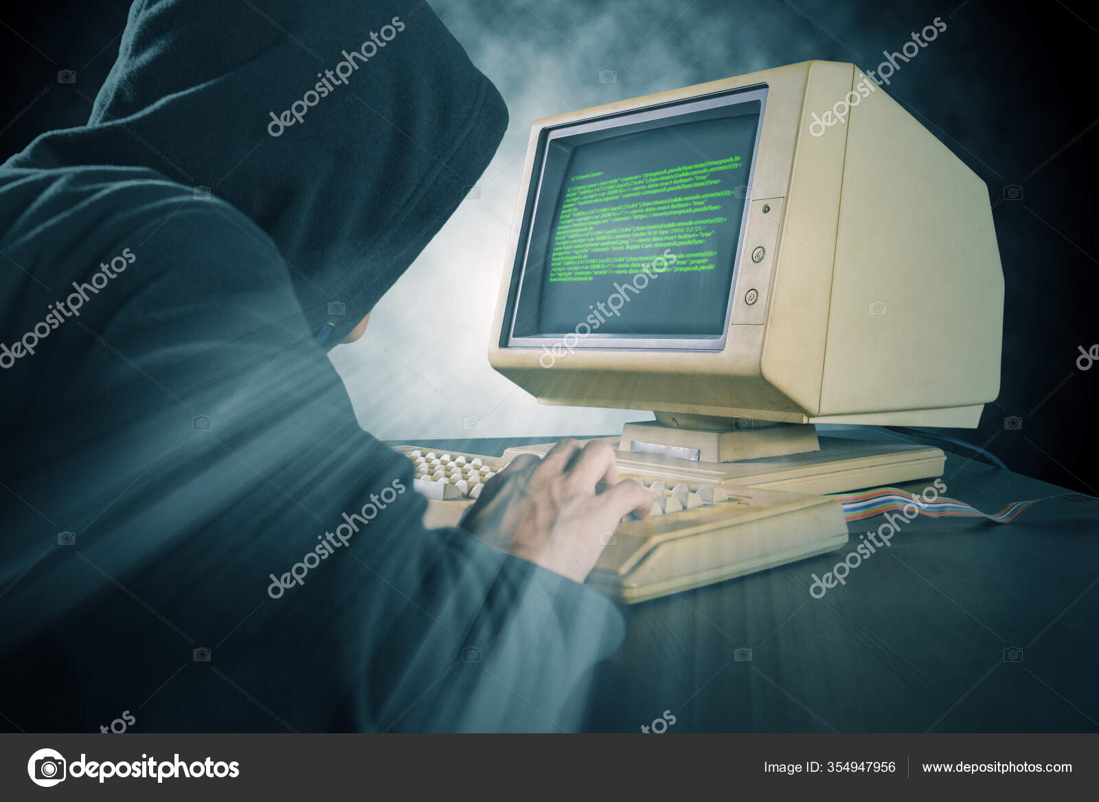 Back View Unknown Man Doing Cyber Crime While Typing Keyboard — Stock ...