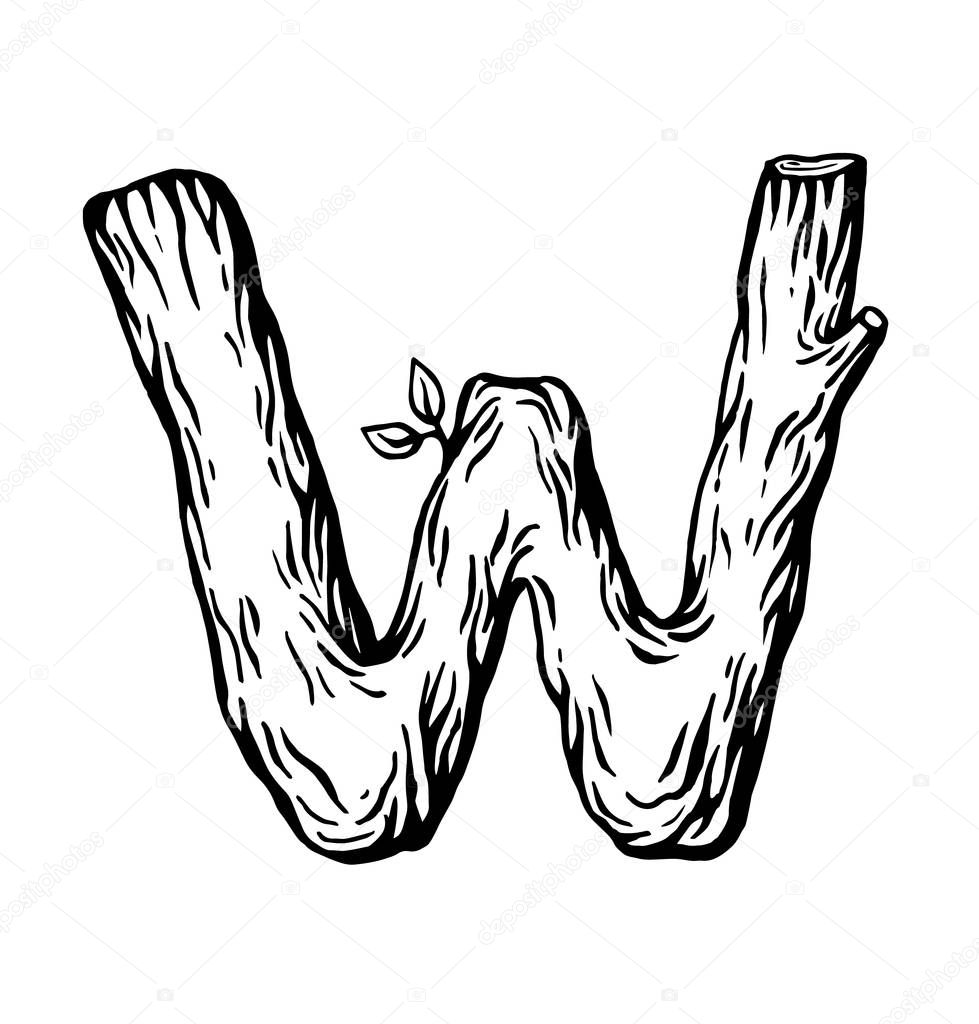 Grabado negro Letra W de madera con hojas sobre fondo blanco 2024