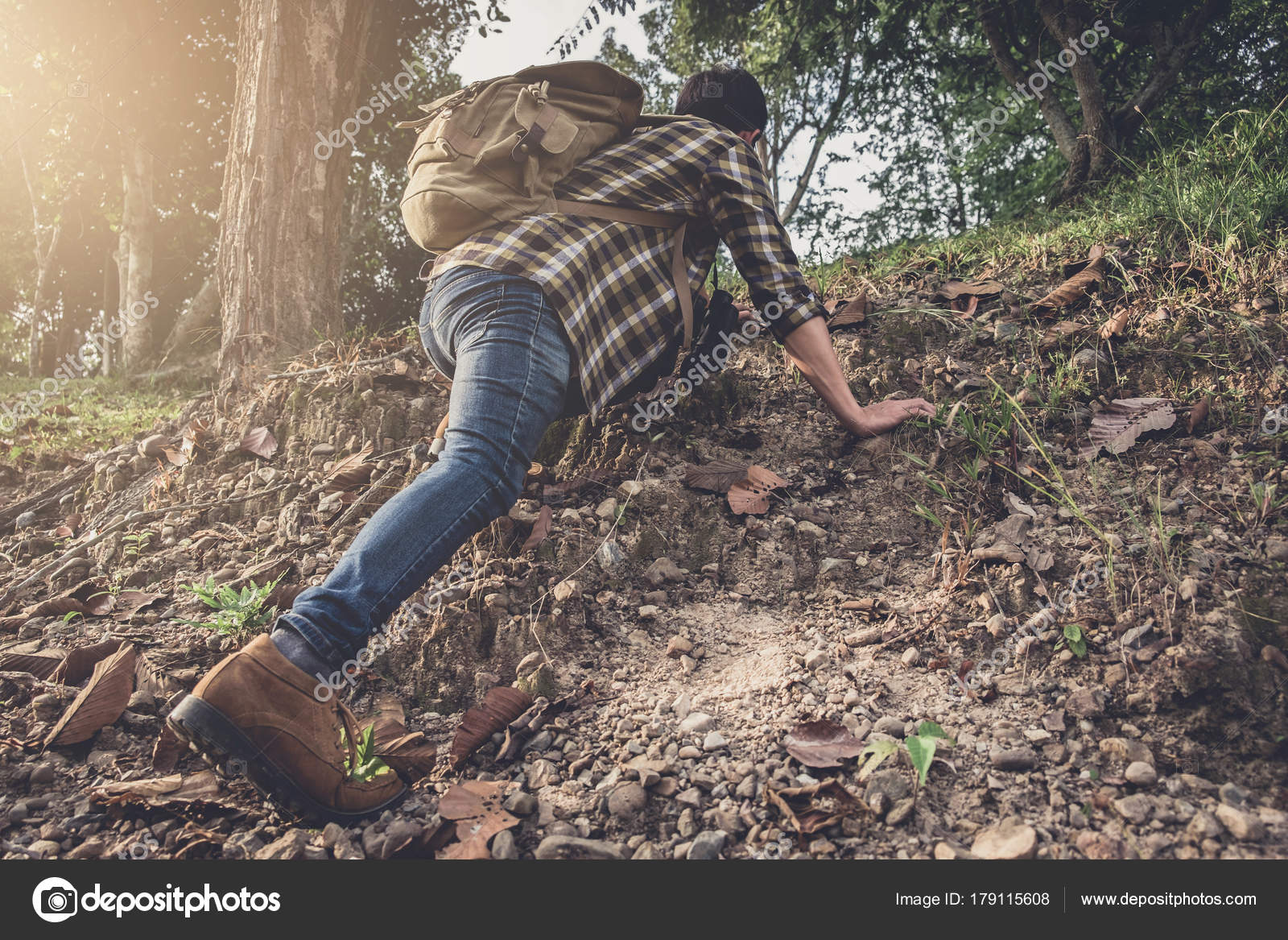 Young Traveler with backpack are climbing with mountain in fores ...