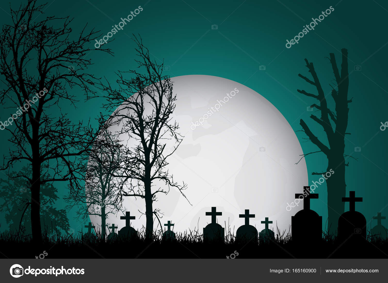Ilustración vectorial realista de un cementerio encantado con lápidas, cruz y árboles sin hojas ...