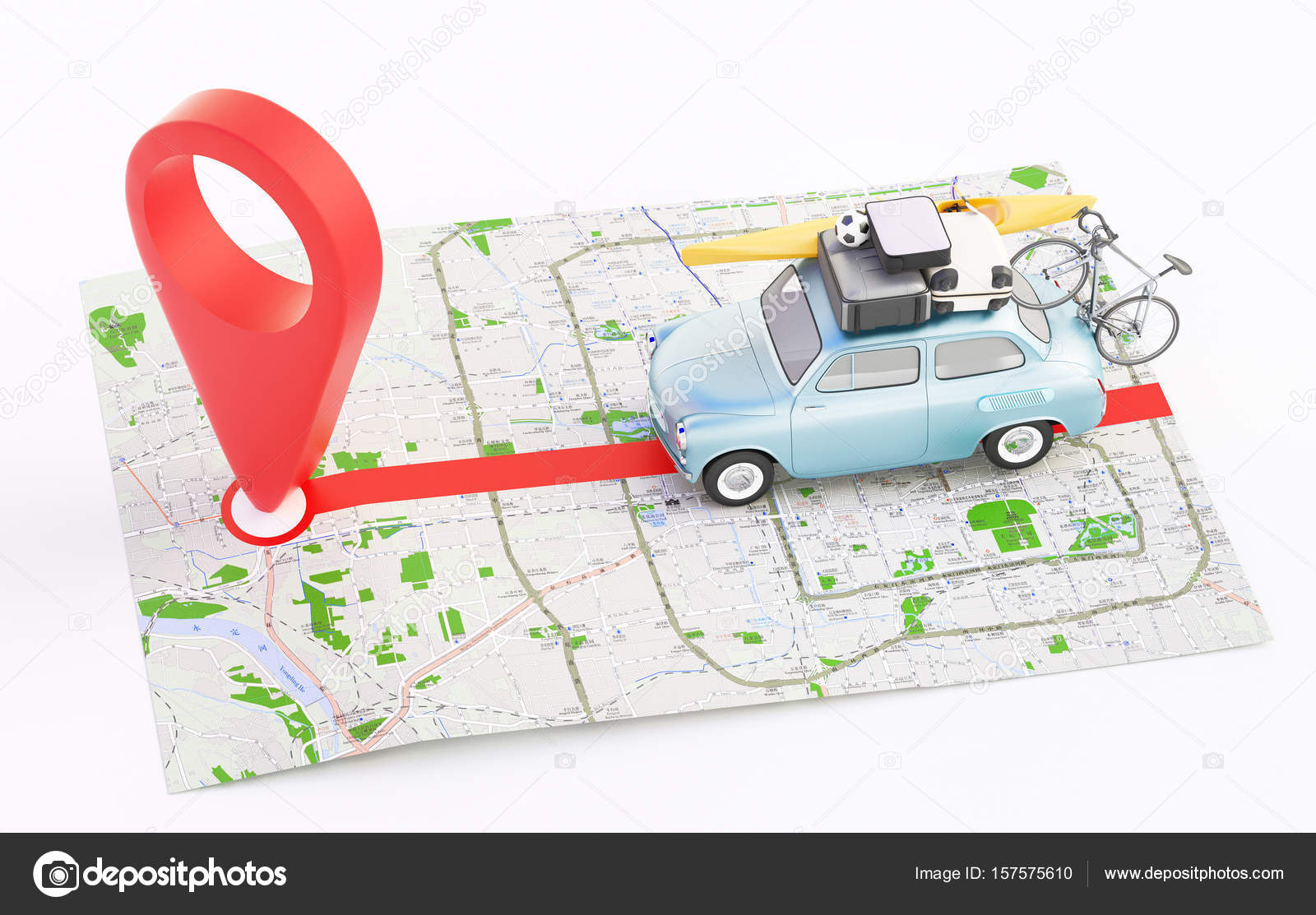 Map with car, holiday and geographic location, render illustration ...