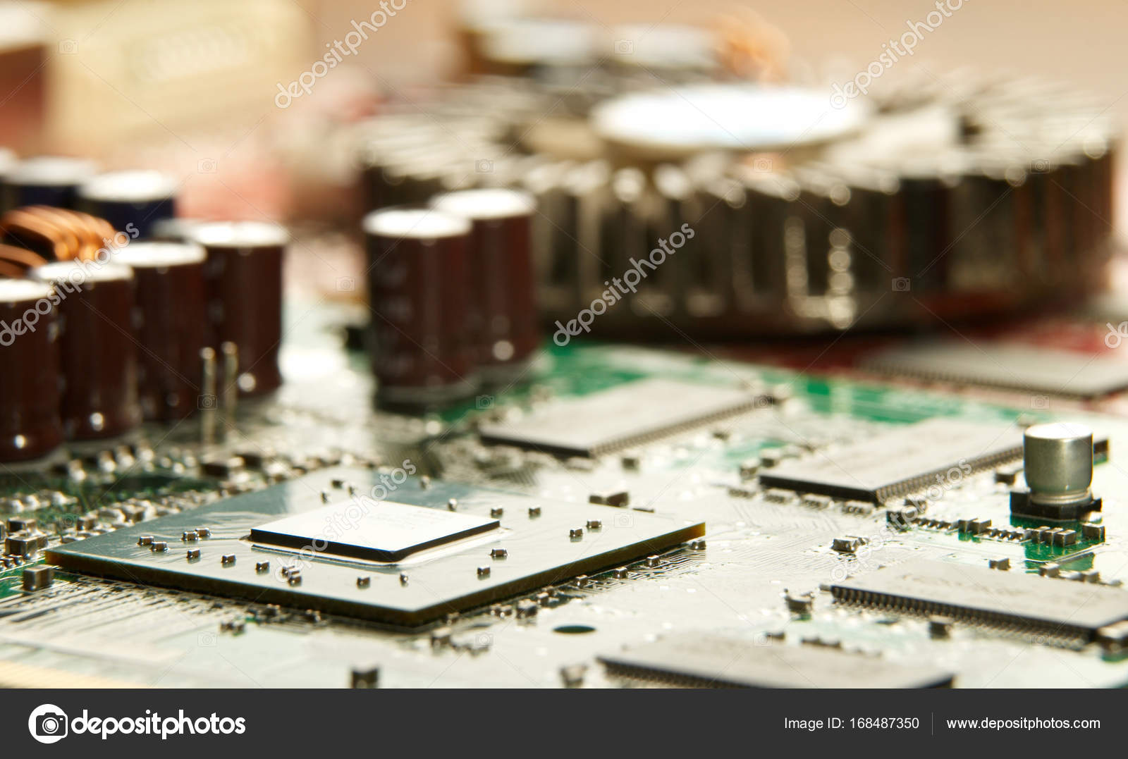 Microprocessor with motherboard background. Computer board chip circuit ...