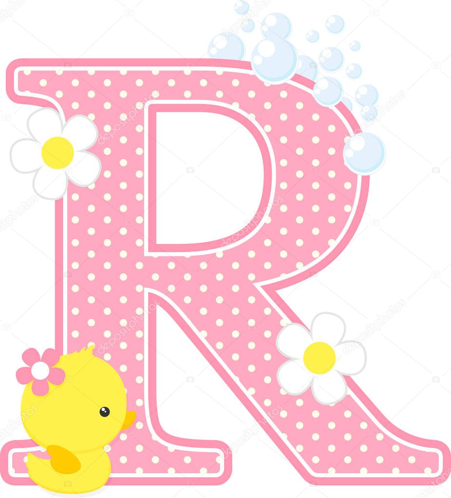 r inicial con flores y lindo pato de goma aislado en blanco. se puede ...