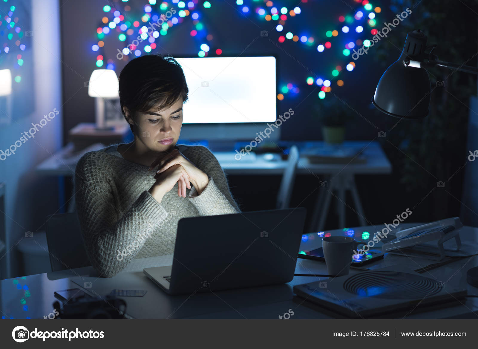 Young Woman Relaxing Home Late Night Watching Movies Online Her — Stock Photo © stokkete #176825784
