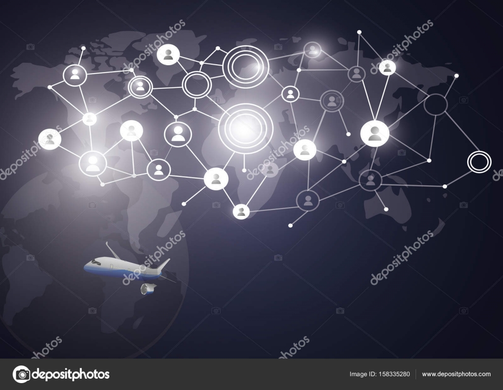 Social network concept. Mixed media plane flight on the map. Rest, fly ...