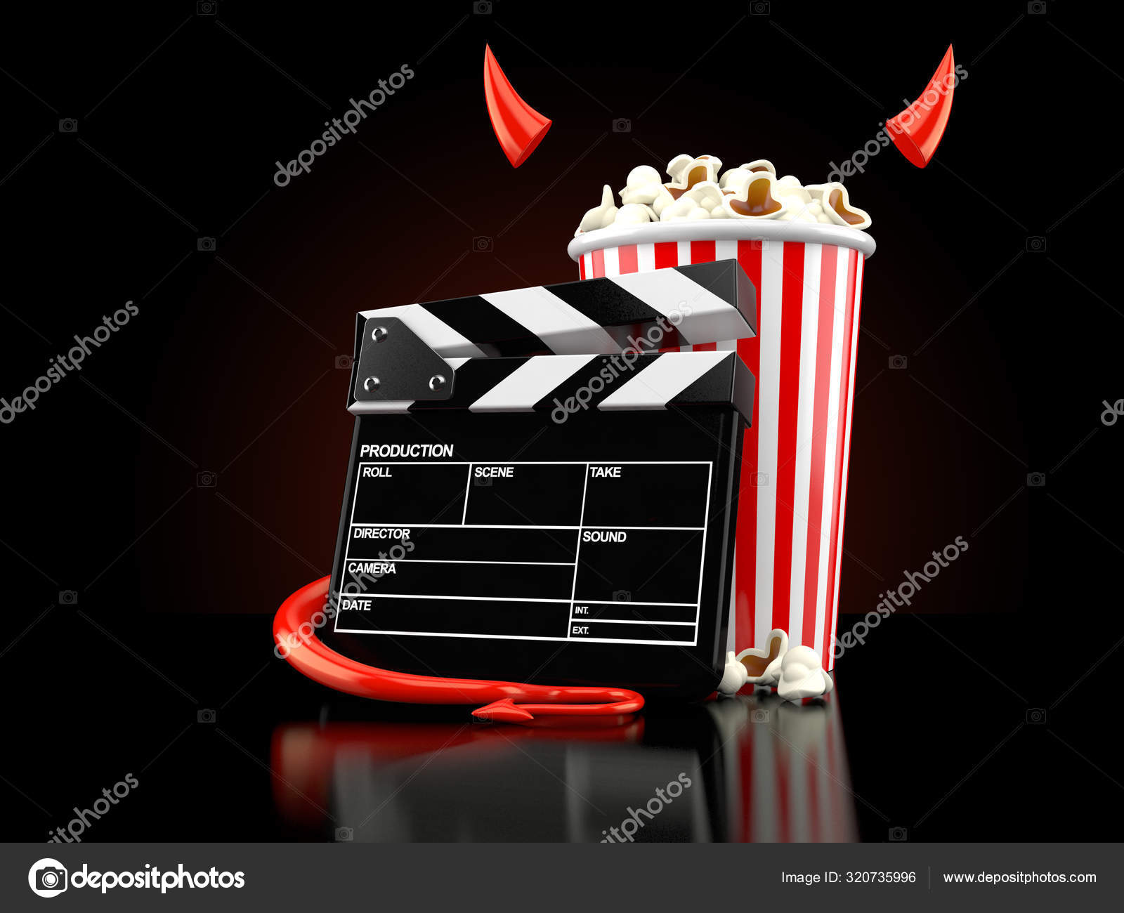Popcorn and clapboard with devil horns and tail Stock Illustration by ...