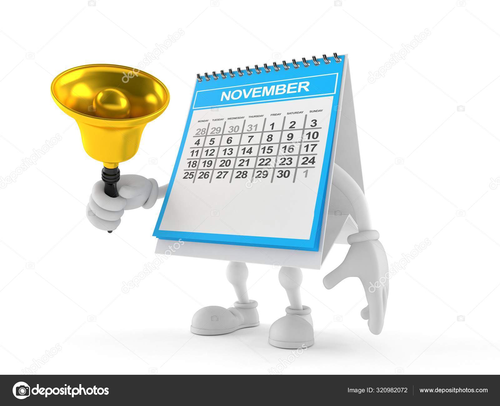 Calendar character ringing a hand bell — Stock Photo © Talaj #320982072