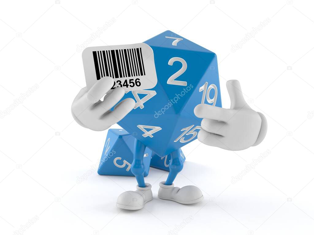 Personaje de dados RPG con c digo de barras aislado sobre fondo blanco. ilustraci n 3d 2024
