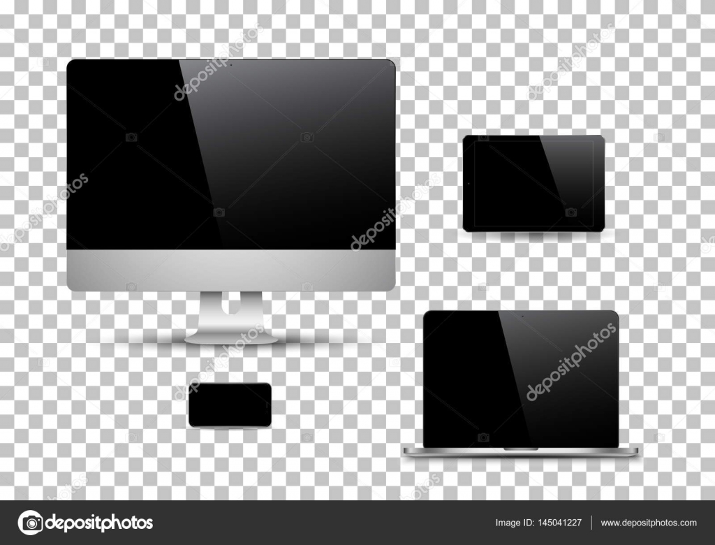 Set of realistic computer monitors, laptops, tablets and mobile phones. Electronic gadgets ...