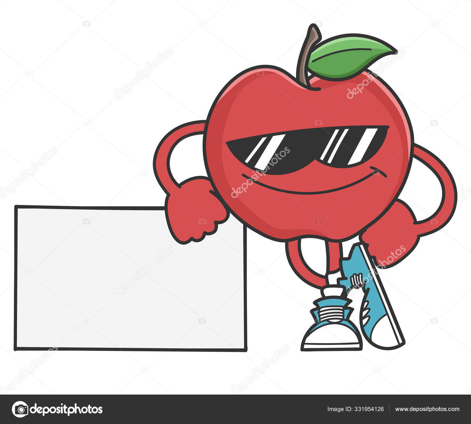 Apple cartoon character with sunglasses leaning on blank sign Stock ...