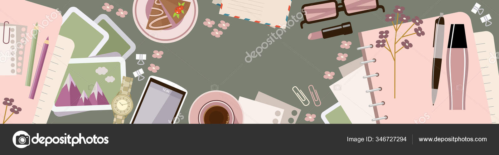 Horizontal Banner Diary Table Women Glamorous Things Stylish Workplace ...