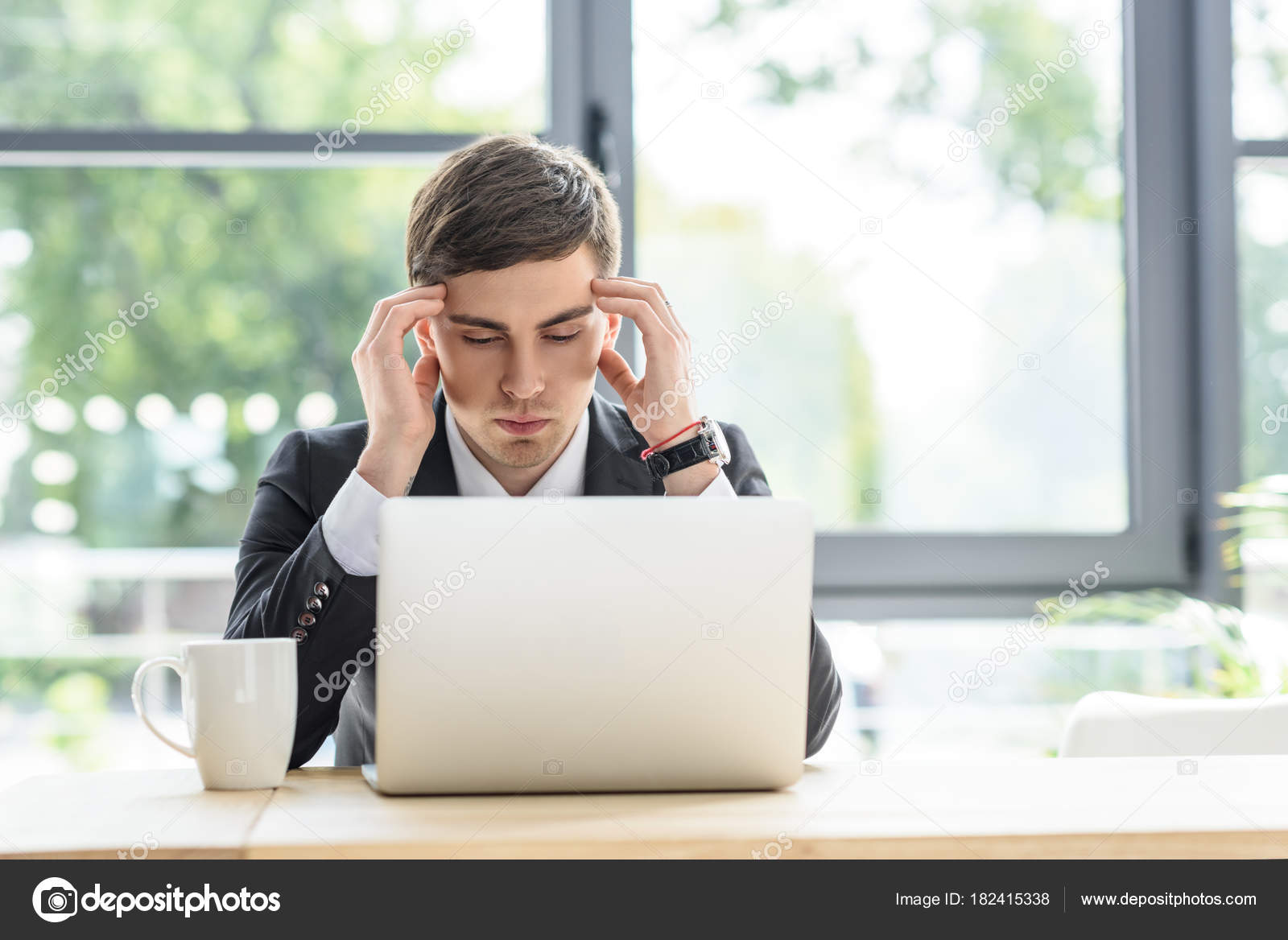 Businessman Suffers Headache While Working Laptop — Stock Photo ... Businessman Suffers Headache While Working Laptop — Stock Photo ...