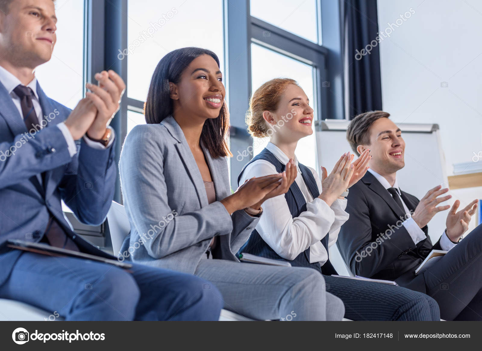 Young Colleagues Applauding Presentation Modern Office ⬇ Stock Photo ...