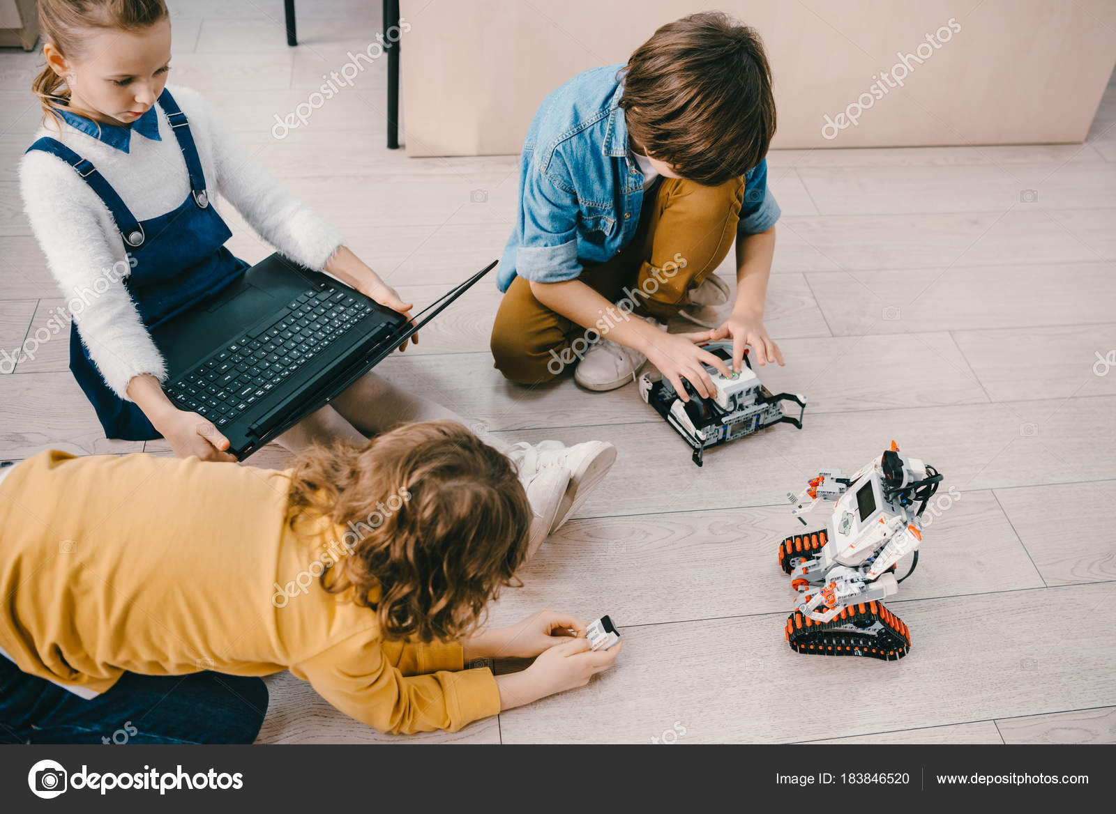 High Angle View Kids Sitting Floor Stem Education Class Robots — Stock ...