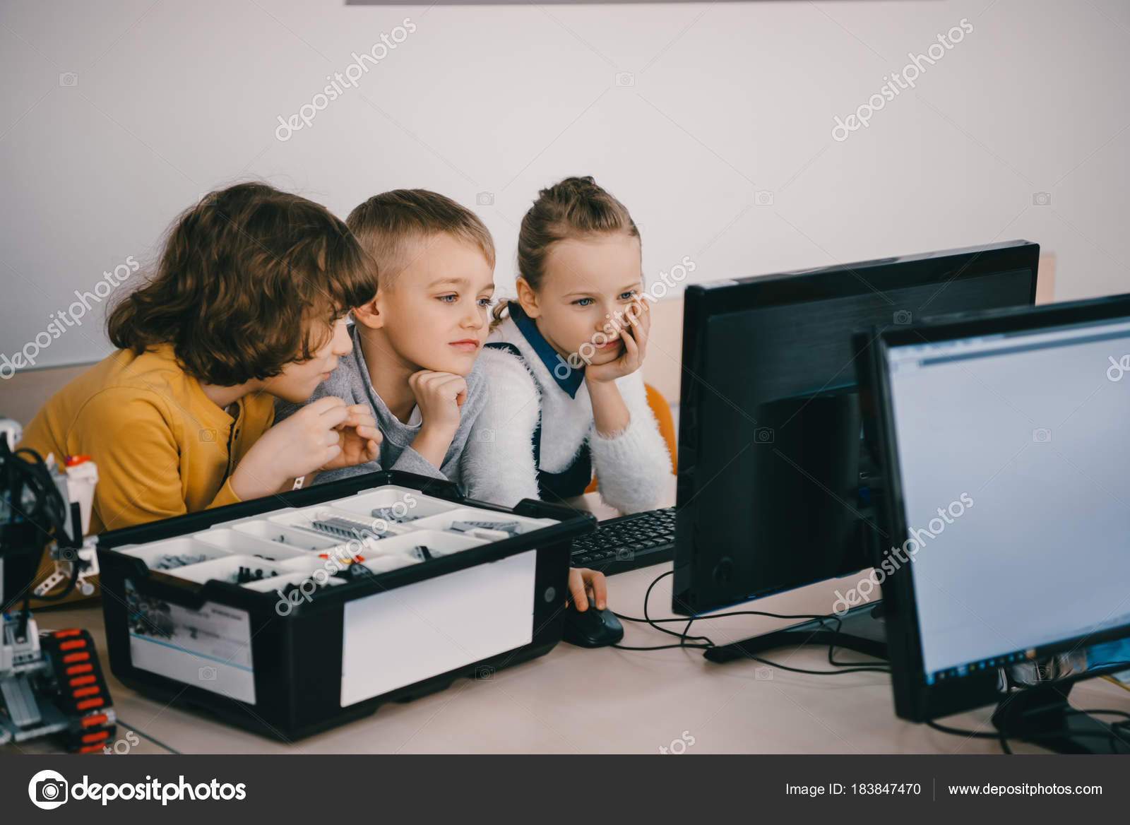 Focused Kids Working Computer Together Stem Education Concept Stock ...
