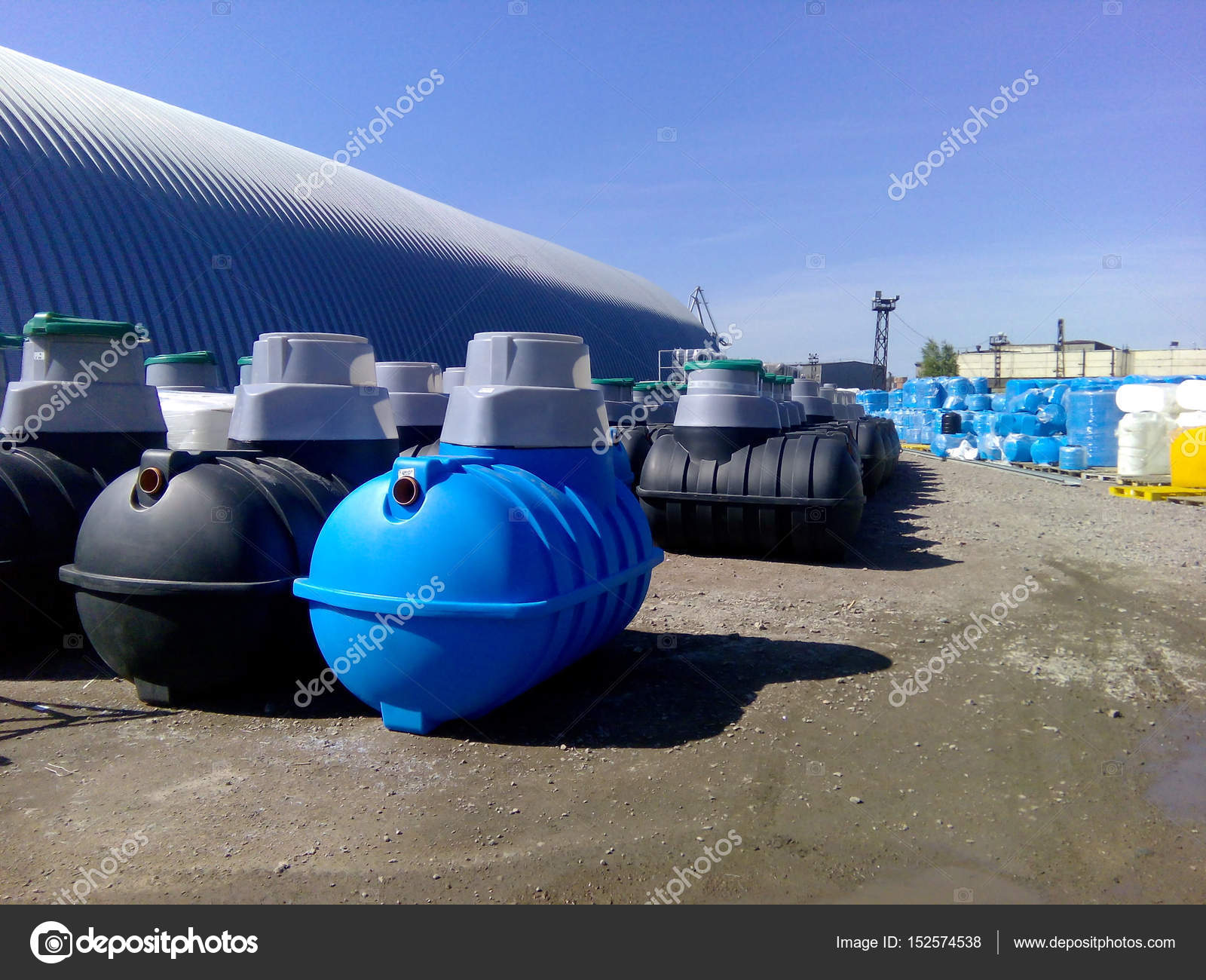 Septic tanks and other storage tanks at the manufacturer depot Stock ...