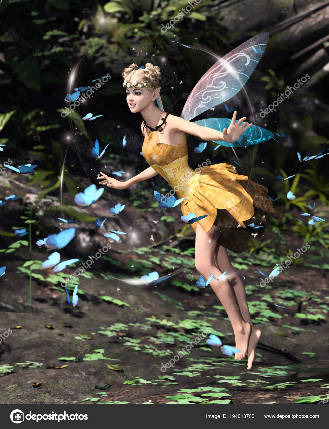 3d rendering of a fairy flying in a magical forest surrounded by flock ...