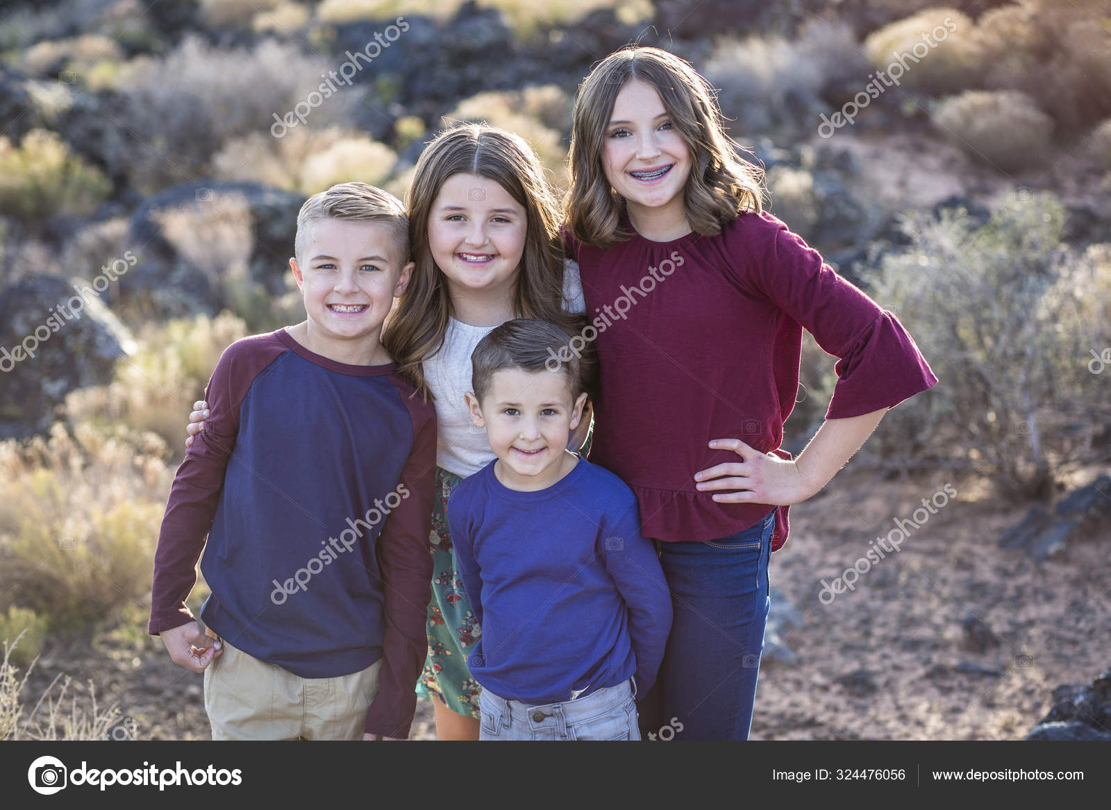 Beautiful Portrait Smiling Happy Kids Outdoors Four Siblings Standing ...