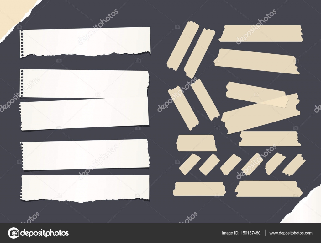 Ripped white notebook, copybook, note paper strips, brown sticky ...