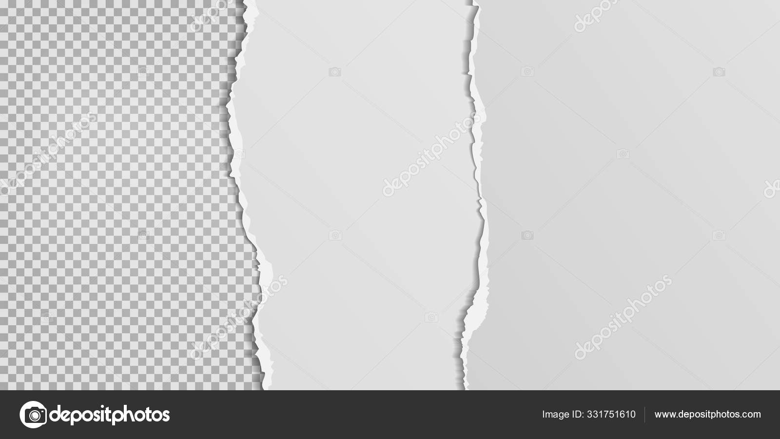 Torn, ripped pieces of vertical white paper with soft shadow are on ...