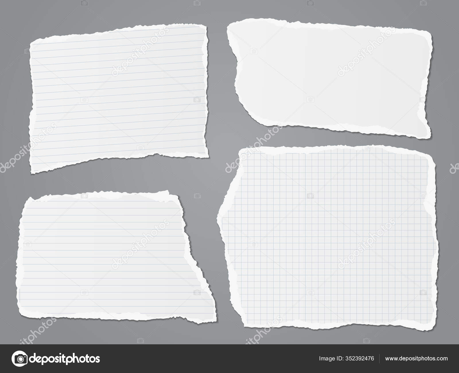 Torn of white lined note, notebook paper strips, pieces stuck on dark ...