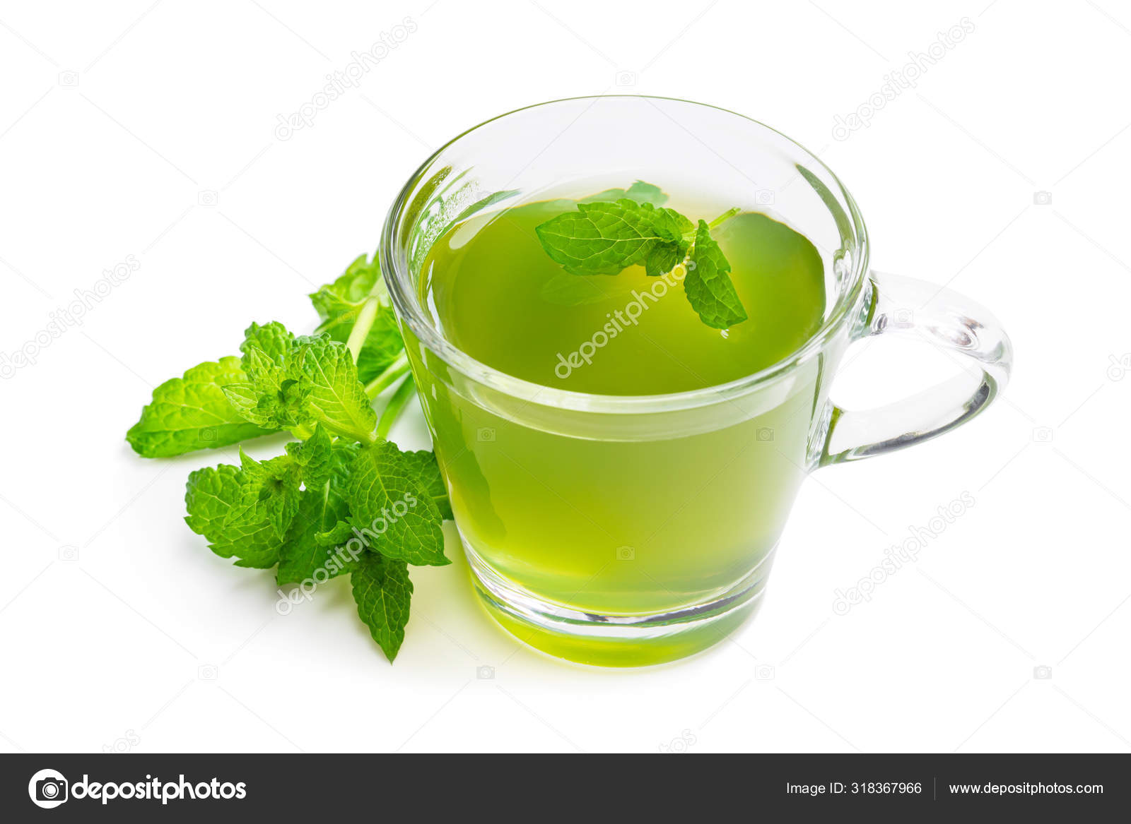 Green mint tea in clear glass cup isolated on white — Stock Photo ...