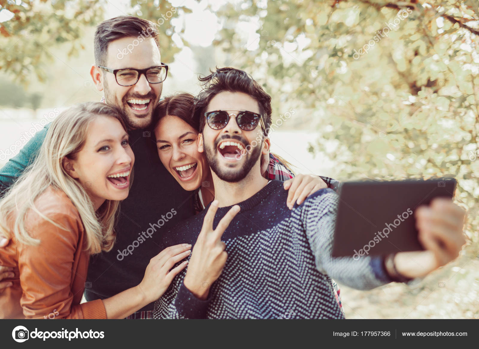 Group Young Happy Friends Having Fun Spring Park Digital Tablet — Stock ...