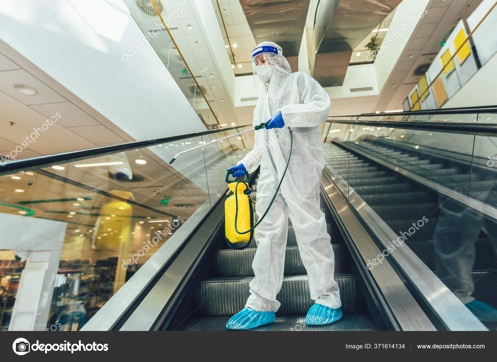 Professional Workers Hazmat Suits Disinfecting Indoor Mall Pandemic ...