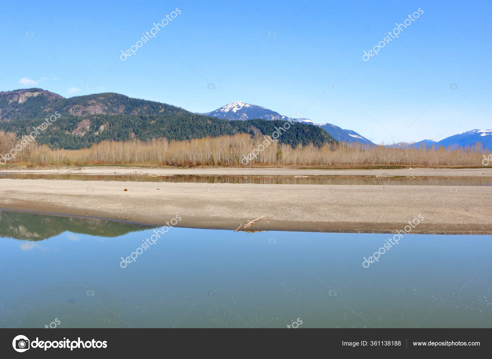 Wide View Dry River Bed Exposed Sandbars Clear Blue Skyline — Stock ...